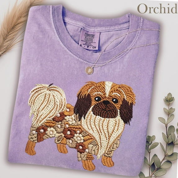 Floral Pekingese Printed Embroidered Look T Shirt: Boho Design Animal ...