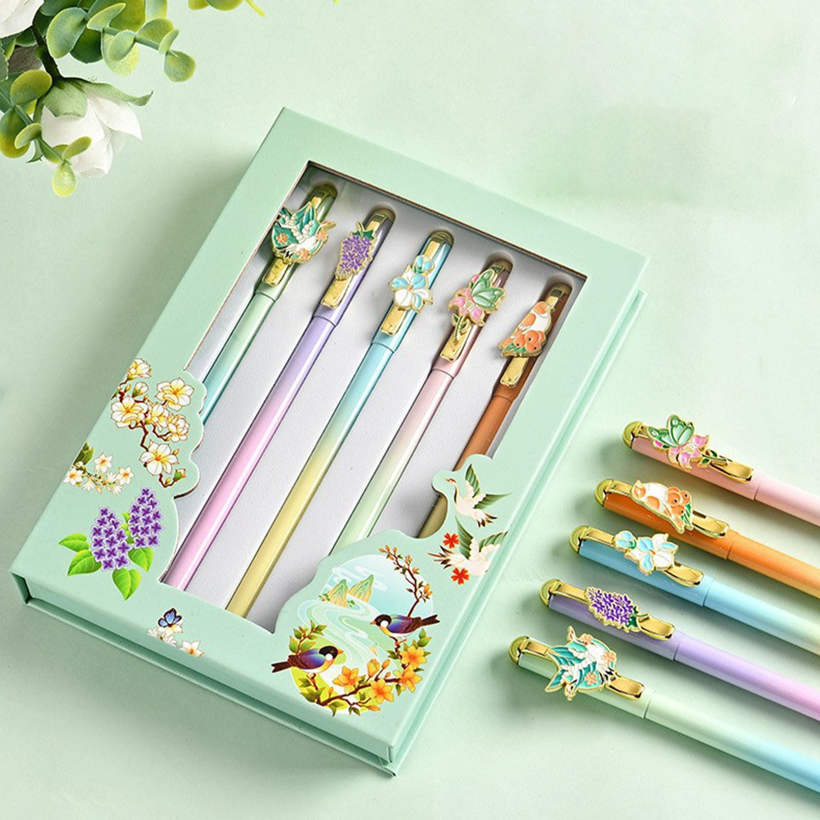 Floral Pens Set, 5pcs, 0.5mm Black Ink Round Tip Gel Pens, Flower Gel ...