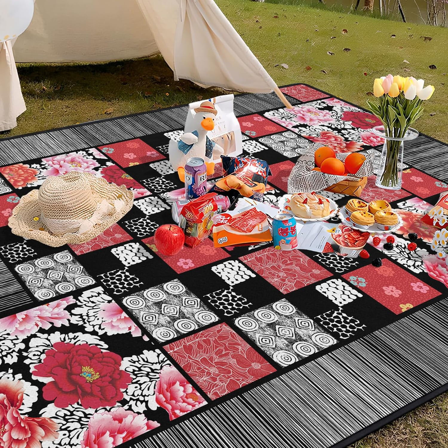 Floral Peony Flower Picnic Blanket Waterproof Foldable Extra Large ...