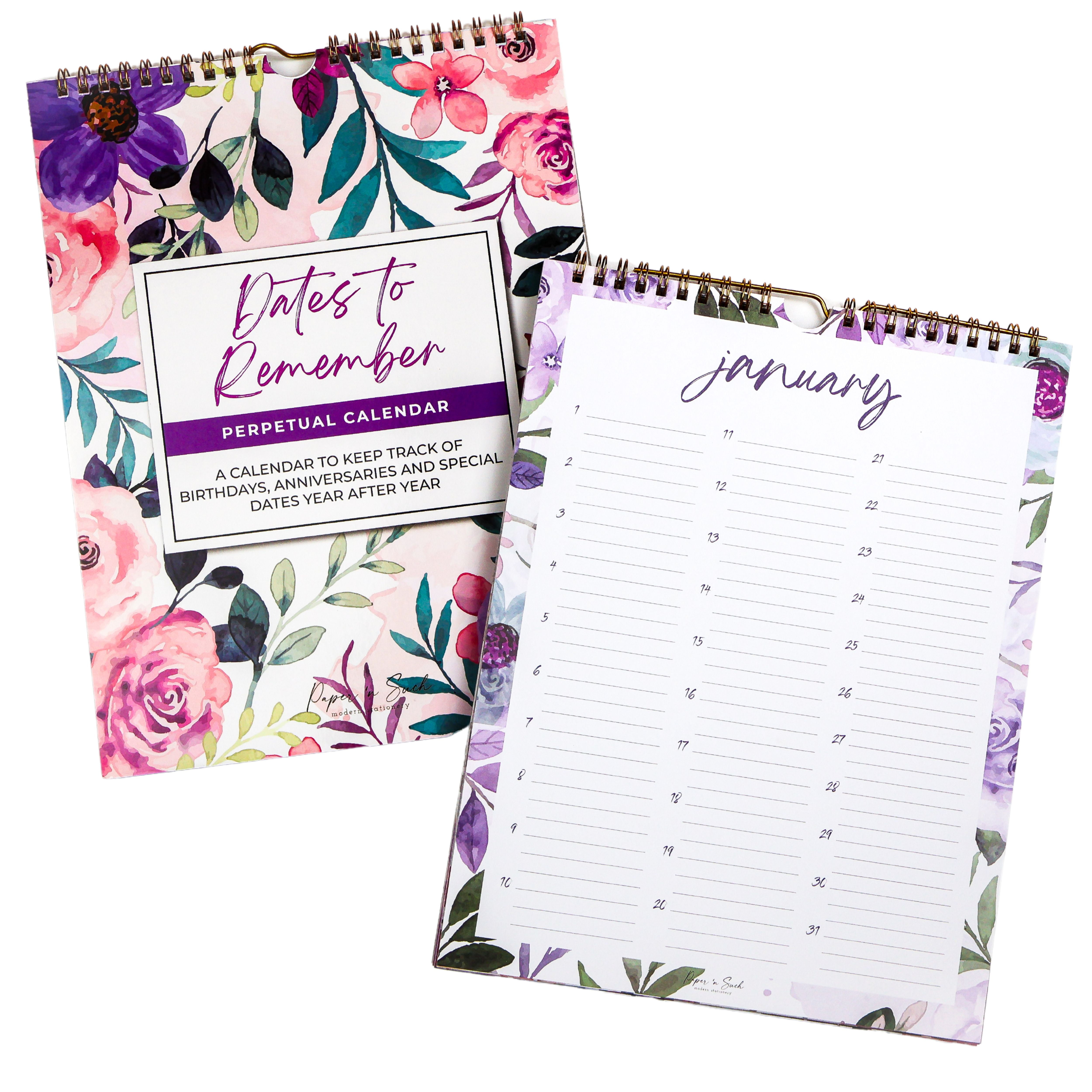 Floral Perpetual Calendar - Extra Large with 3 Lines Per Day - Dates to ...