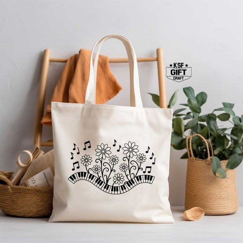 Floral Piano Tote Bag - Music Teacher, Piano Lesson, Music Notes, Gift ...