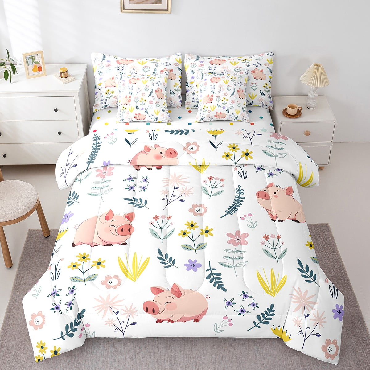 Floral Pig 7 Pieces Bedding Set Cartoon Animal King Comforter Set with ...