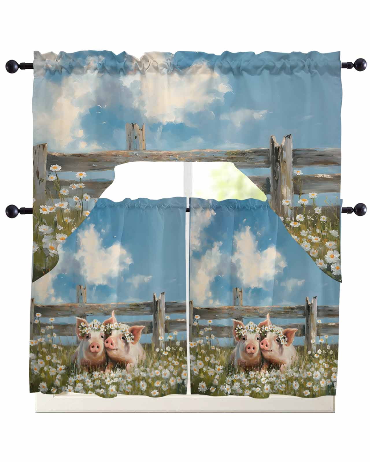 Floral Pigs Swag and Tier Curtains Set Kitchen Valances with Tier ...
