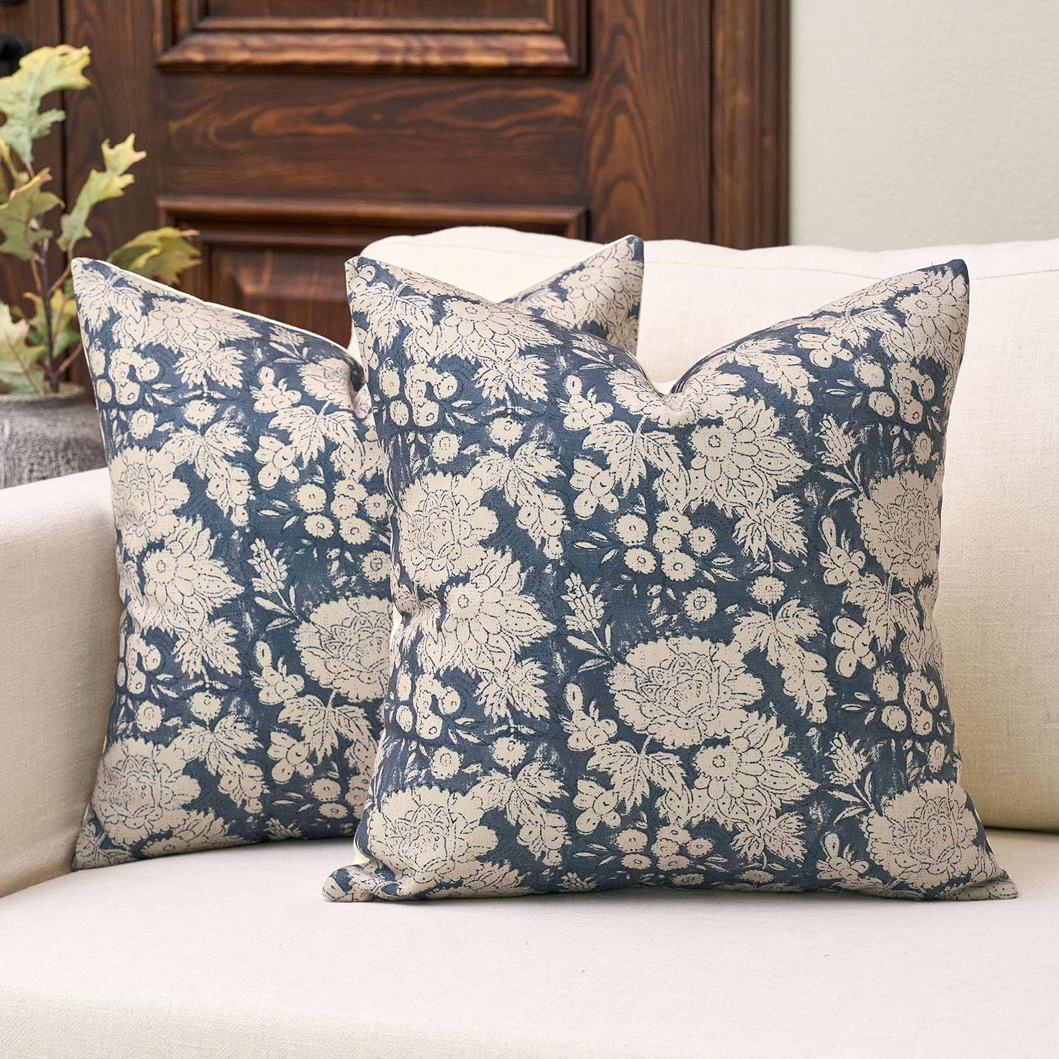 Floral Pillow Covers 18x18 Set of 2, Block Print Pillow Covers Neutral ...