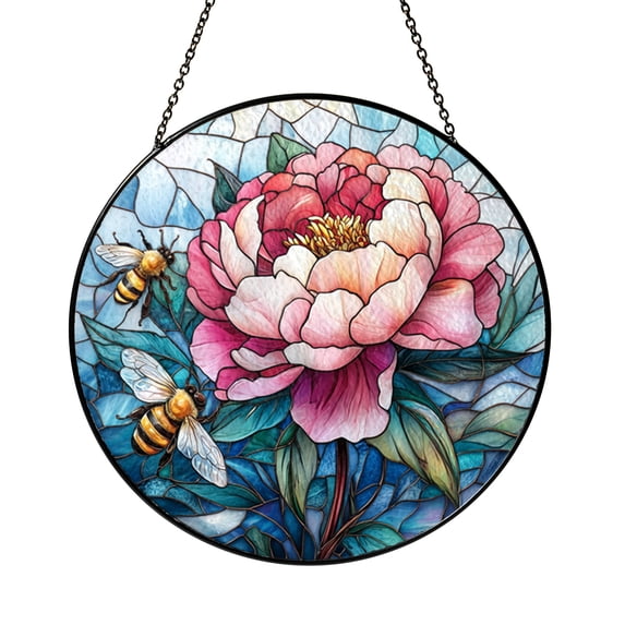 Floral Pink Peony Suncatcher, Stained Glass Style Window Panel with ...