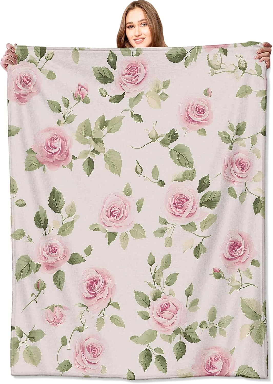 Floral Pink Rose Blanket Flower Throw Blankets with Green Leaves ...