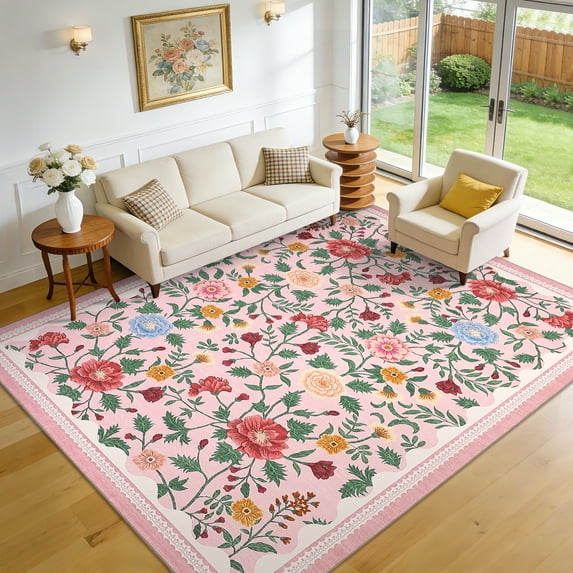 Floral Pink Rugs for Living Room Bedroom 8x10 Farmhouse Washable Area ...