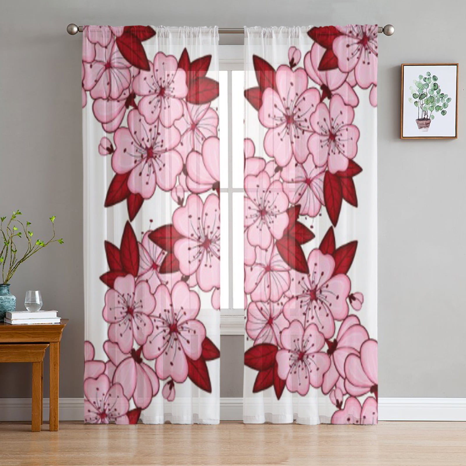 Floral Pink Tulle Sheer Window Curtains For Living Room The Bedroom ...