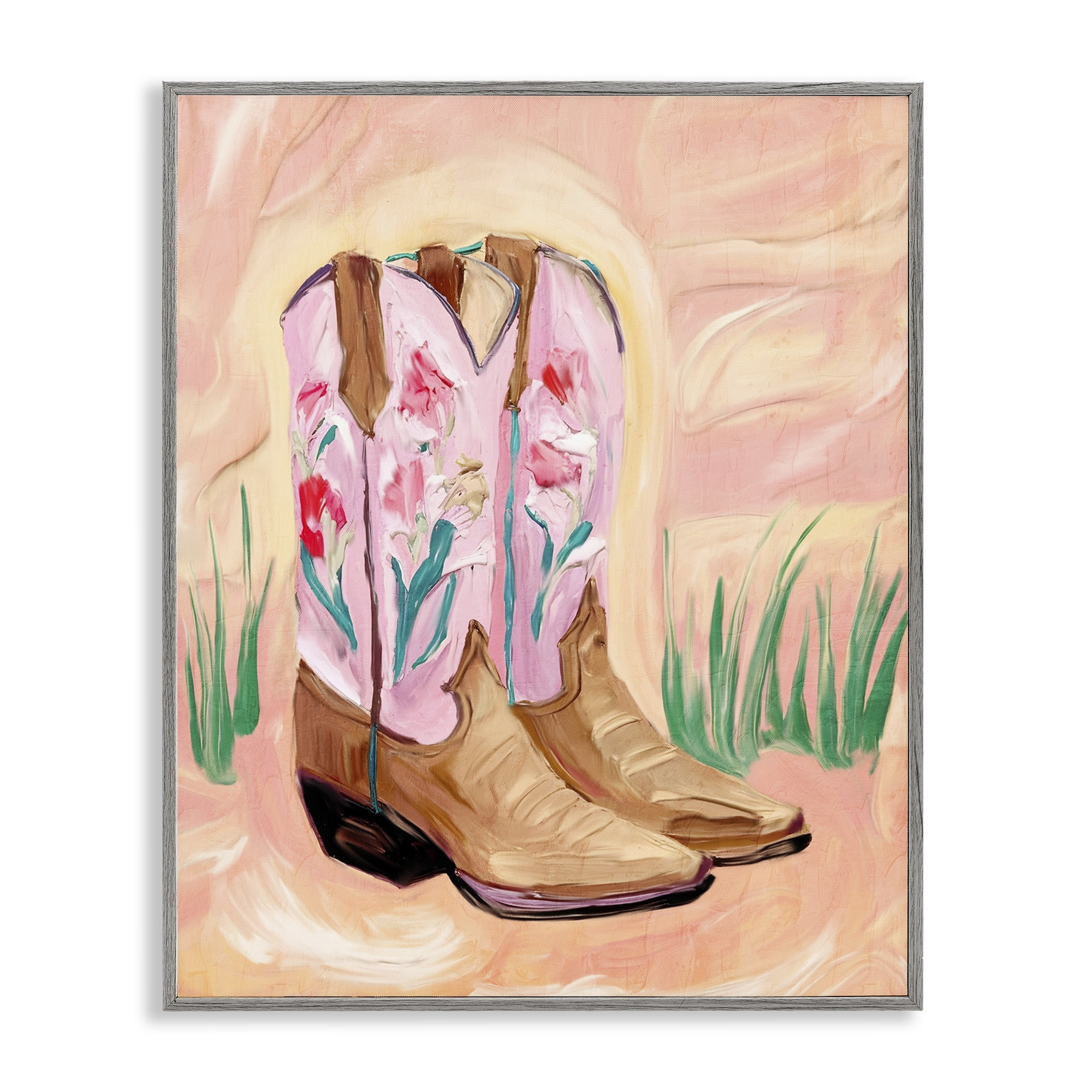 Floral Pinks Boots Gray Framed Giclee Art, design by Kim Allen ...