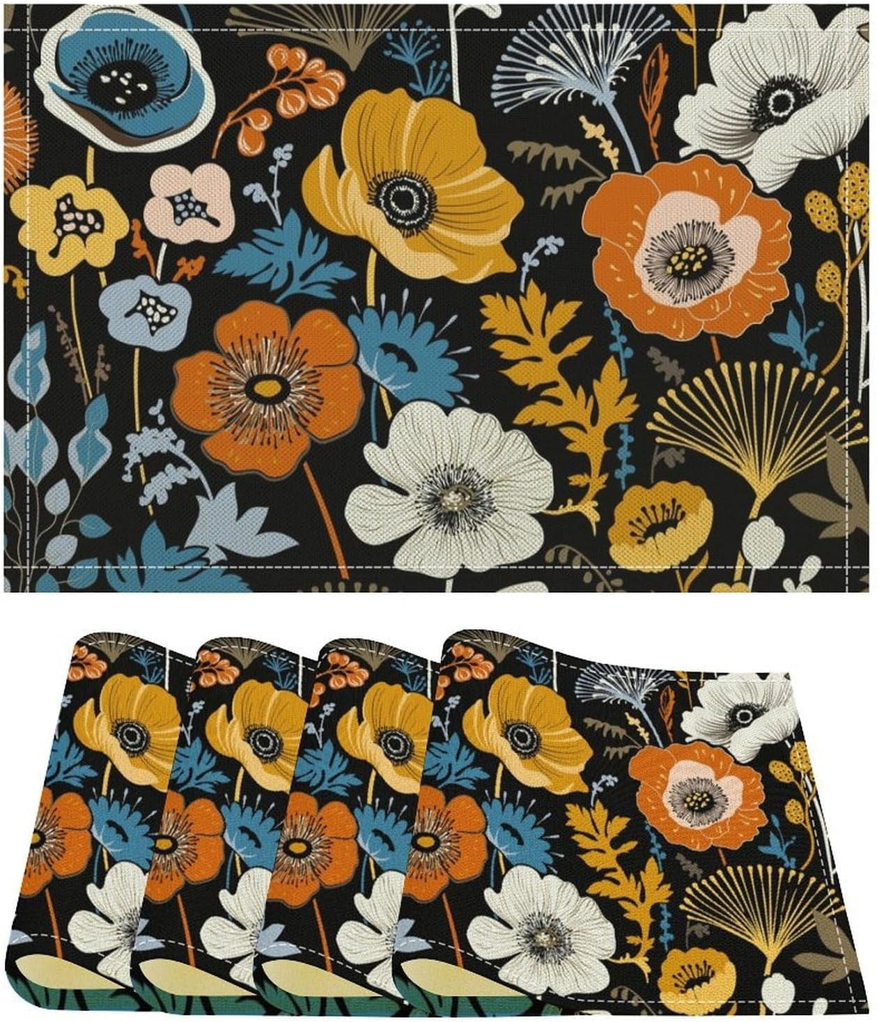 Floral Placemats Set of 4, Boho Colorful Hand Painted Art Wildflowers ...