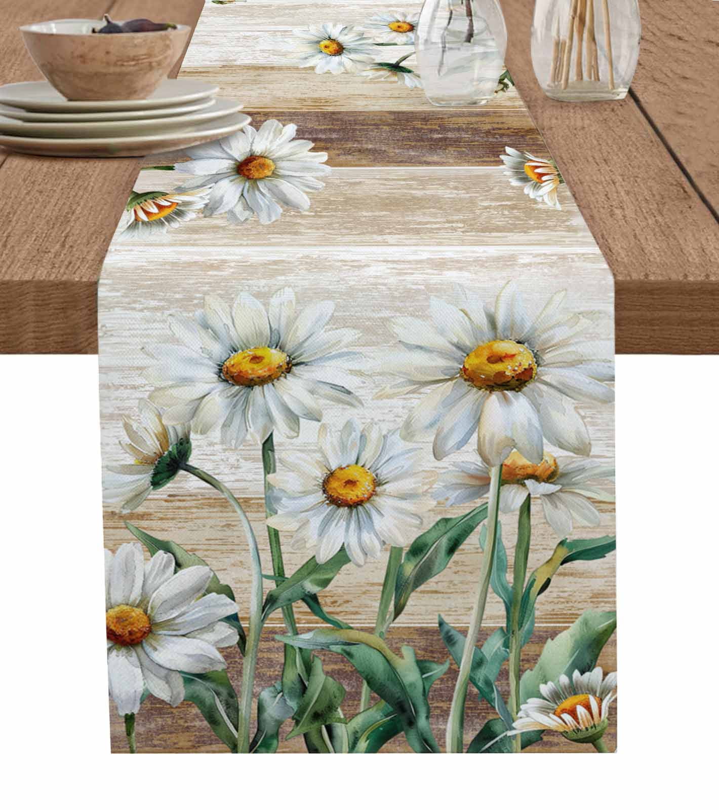 Floral Plants Daisies Rural Style Retro Wood Grain Table Runner Wedding ...
