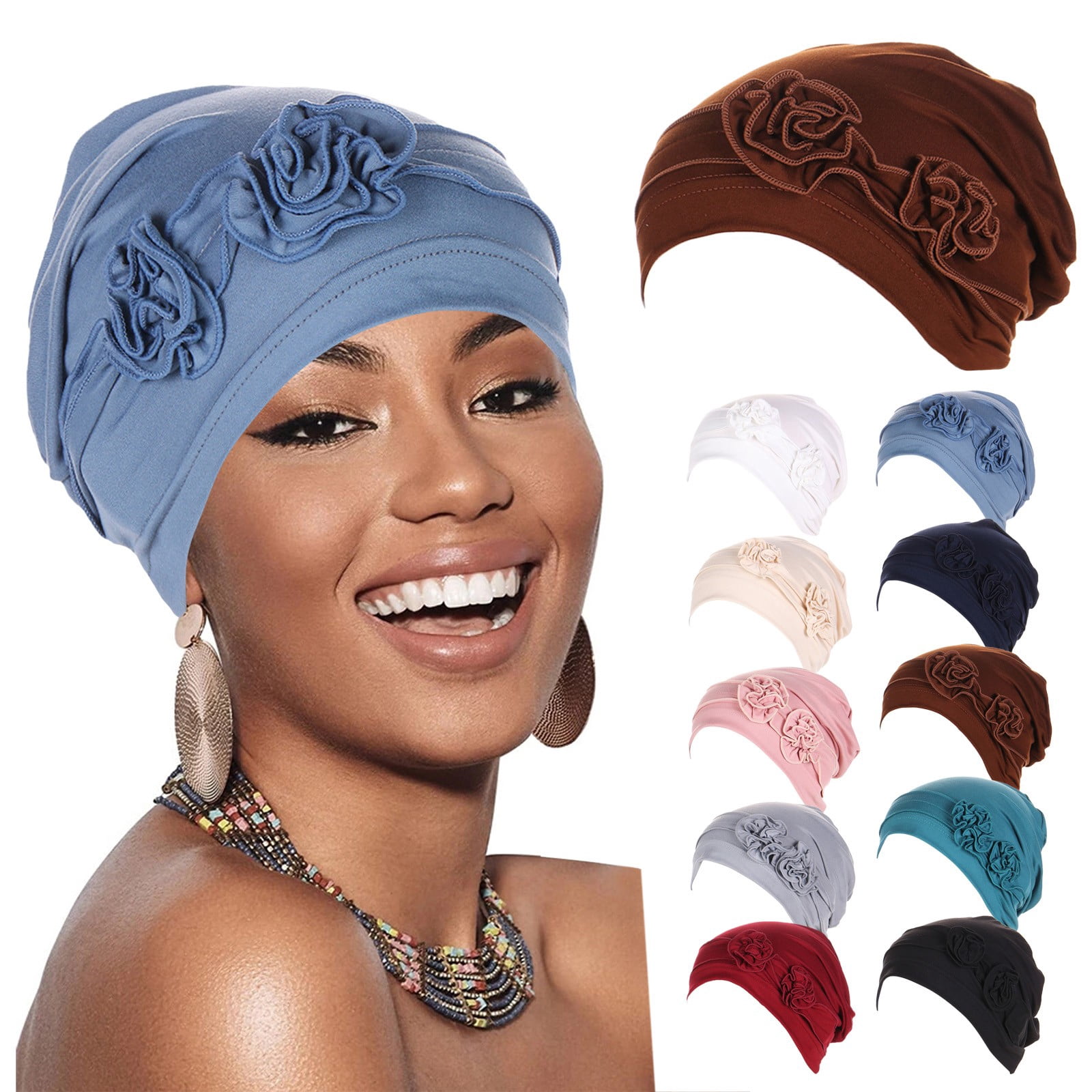 Floral Pleated Turban Headwrap Bohemian Ethnic Hair Cover Cap with ...