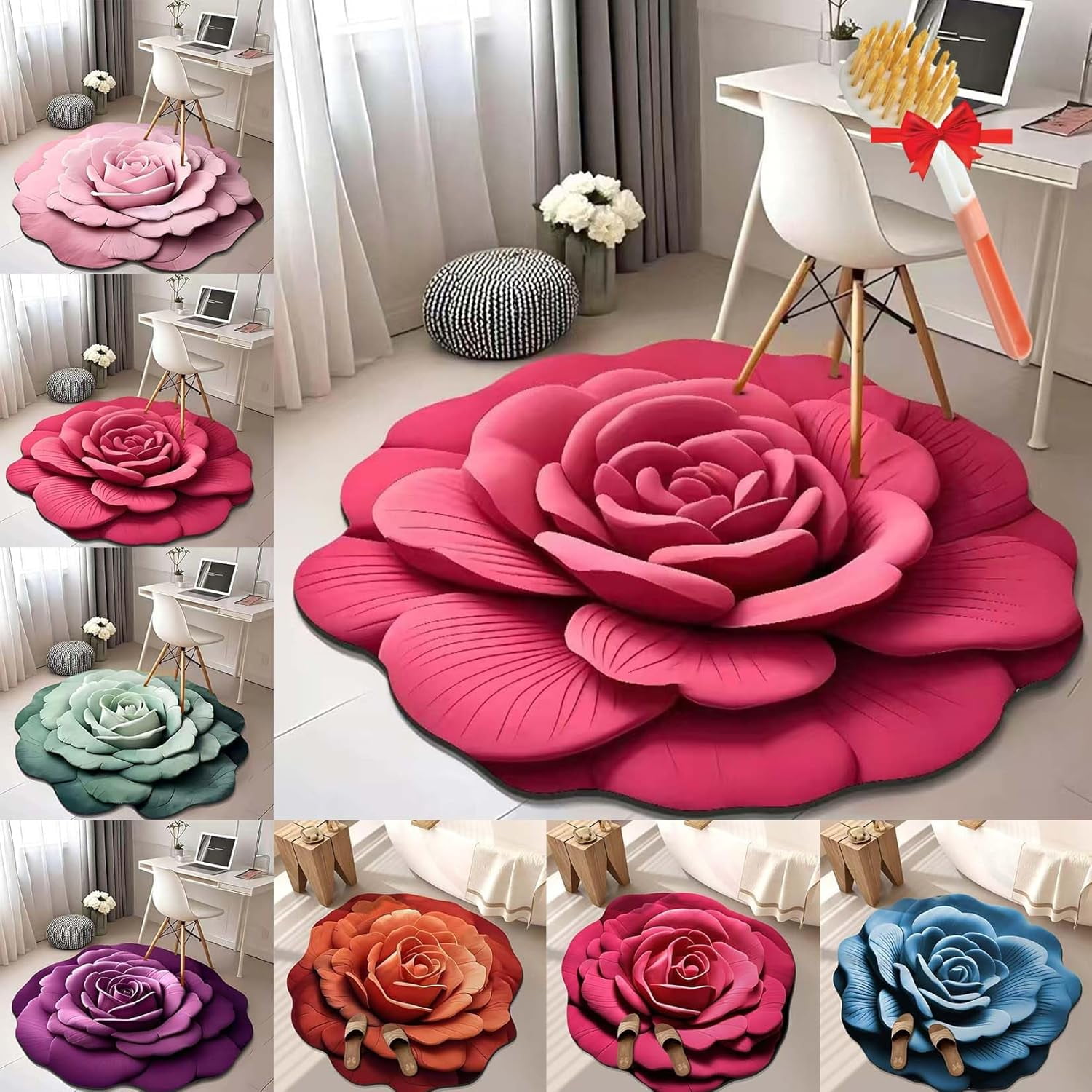 Floral Plush & Diatomaceous Earth Floor Mat, 3D Realistic Flower ...