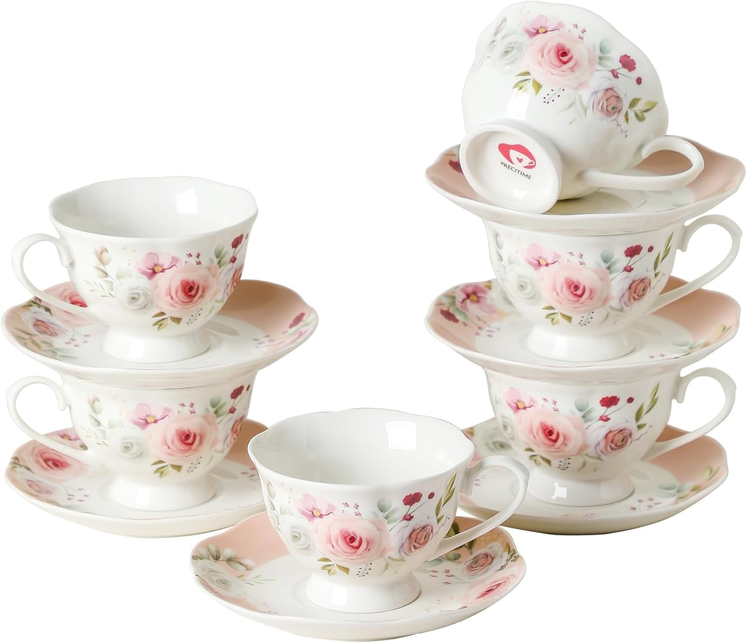 Floral Porcelain Tea Cup Set of 6 (12-Piece), 6 Cups & 6 Saucers with ...