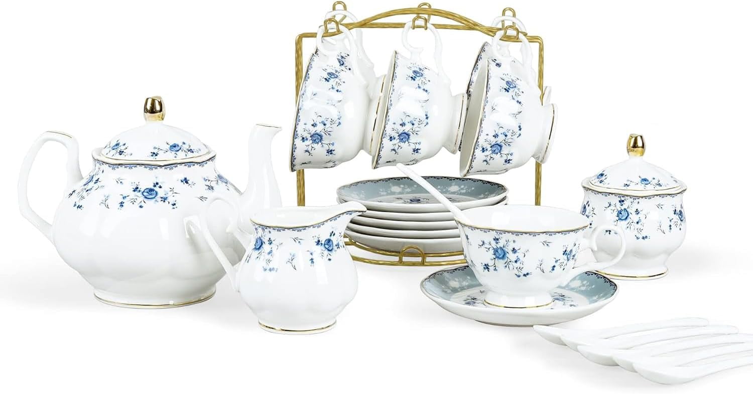Floral Porcelain Tea Set, Elegant Blue Coffee Set, Modern Tea Service ...