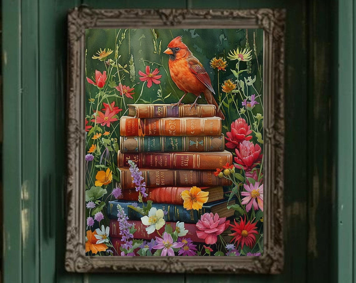 Floral Poster Book Art Library Wall Art Poster Bird For Reader Dark ...