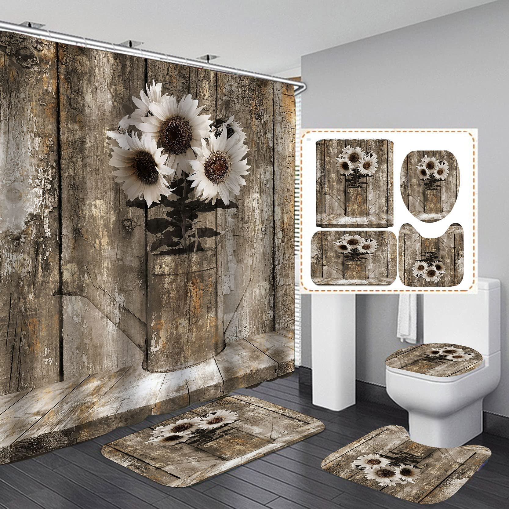 Floral Pottery Vase Shower Curtain Set Vintage Country Flower Vase Art ...