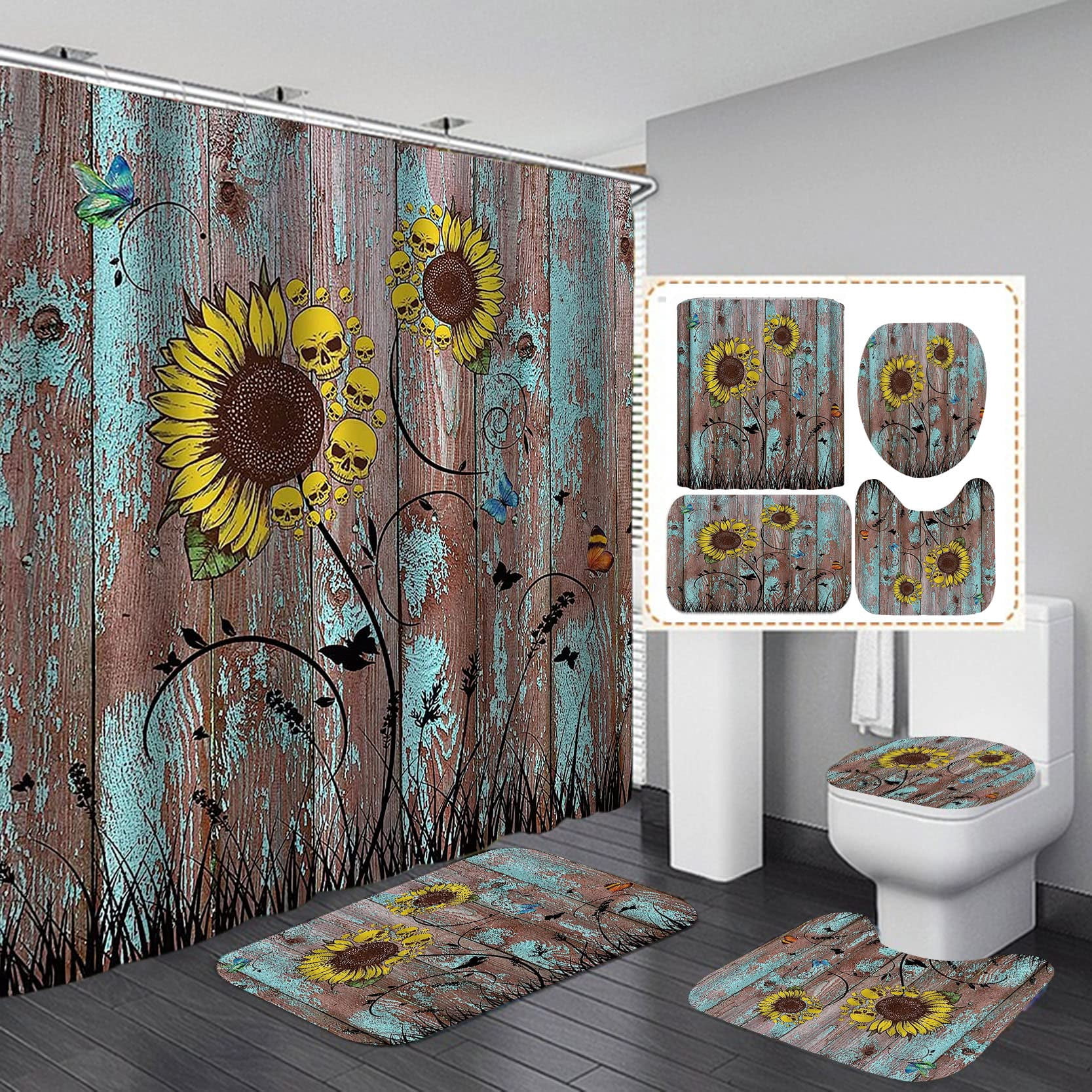 Floral Pottery Vase Shower Curtain Set Vintage Country Flower Vase Art ...
