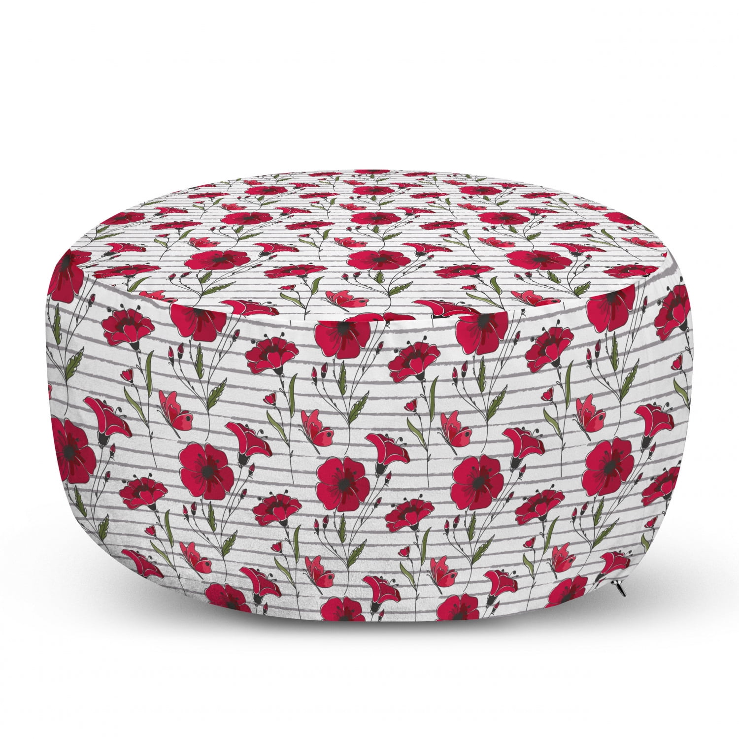 Floral Pouf Cover with Zipper, Summer Toned Pattern of Poppy Flowers ...