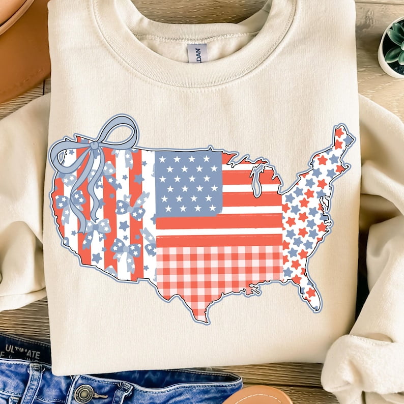 Floral Preppy America Map Sweatshirt, Coquette USA Bow Pullover for ...