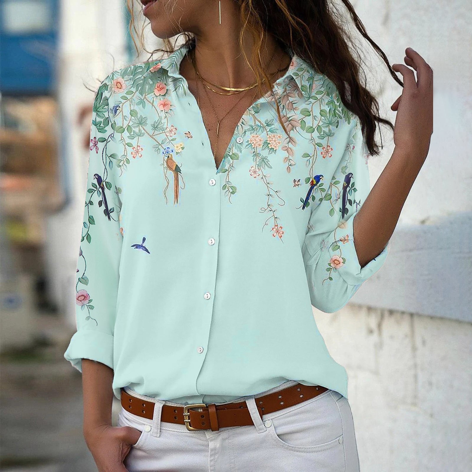 Floral Print Button Down Shirt for Women, Long Roll Sleeve Casual ...