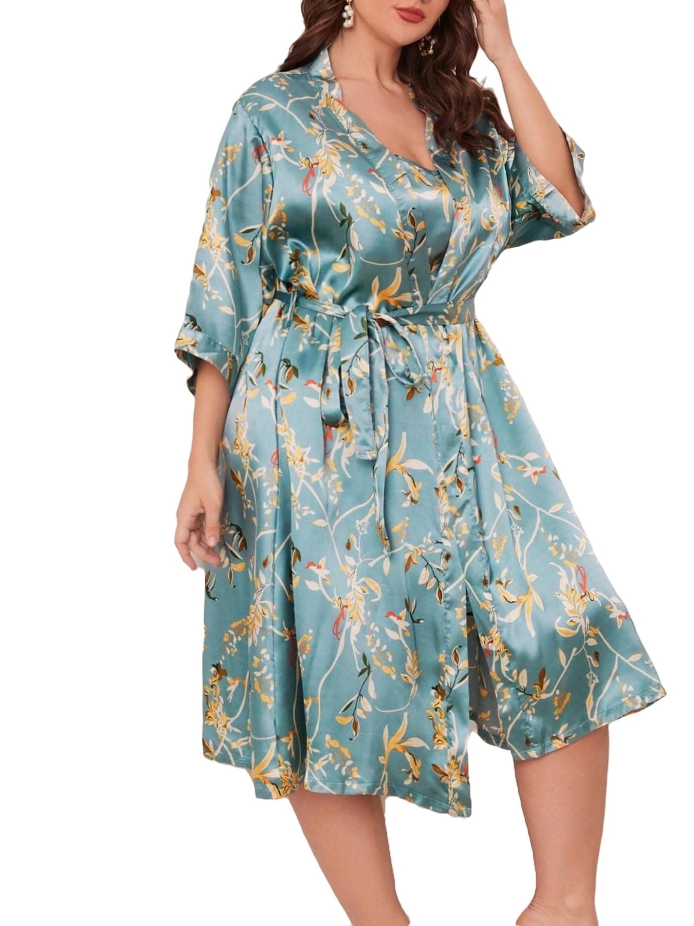 Floral Print Cami Nightdress 3/4 Sleeve Mint Blue Plus Size Robes ...