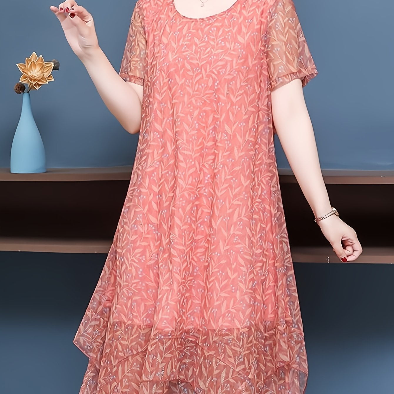 Floral Print Crew Neck Chiffon Dress, Elegant Short Sleeve Irregular ...
