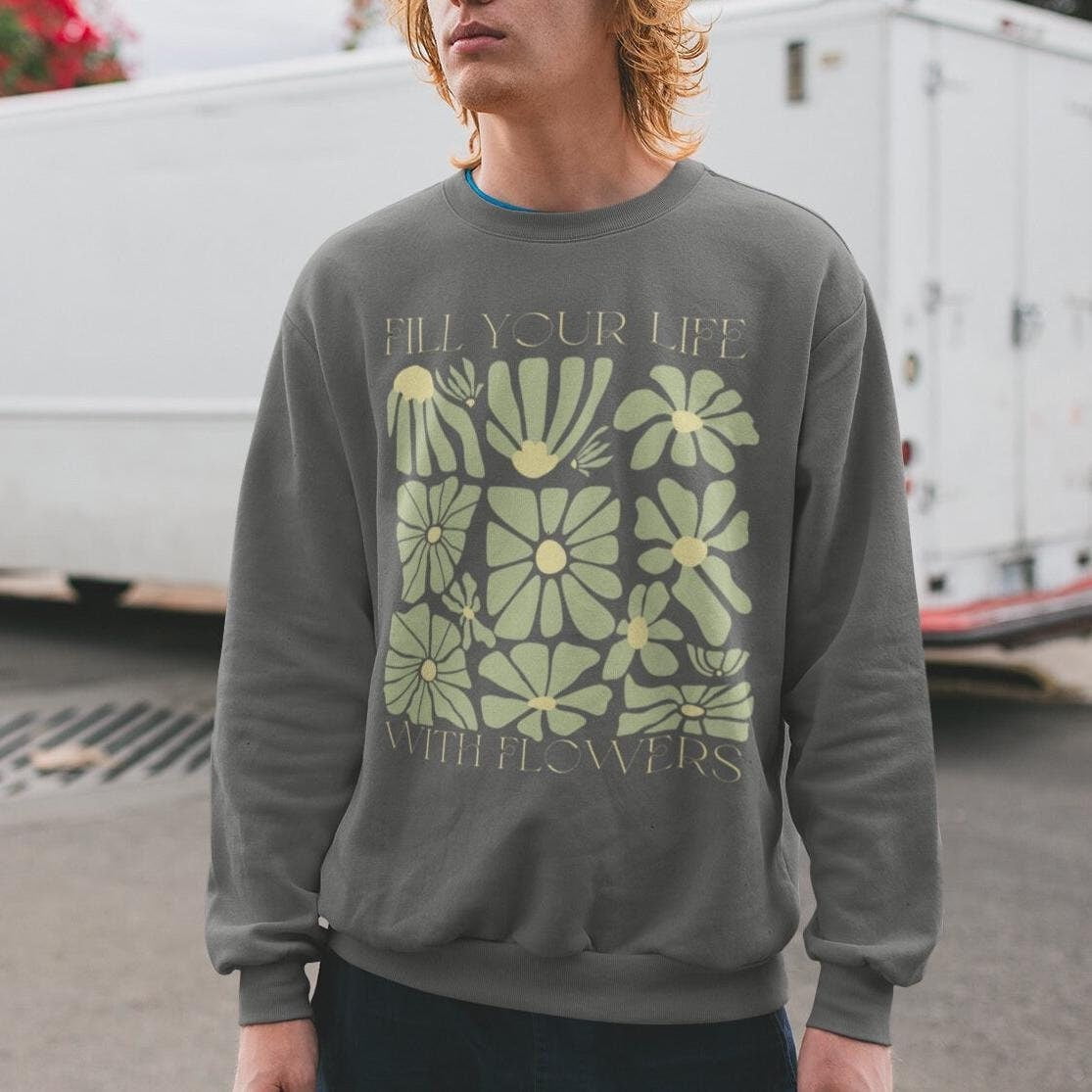 Floral Print Crewneck T-Shirt Unisex Lightweight Retro T-Shirt Cute Flower Graphic Cozy Gi ...