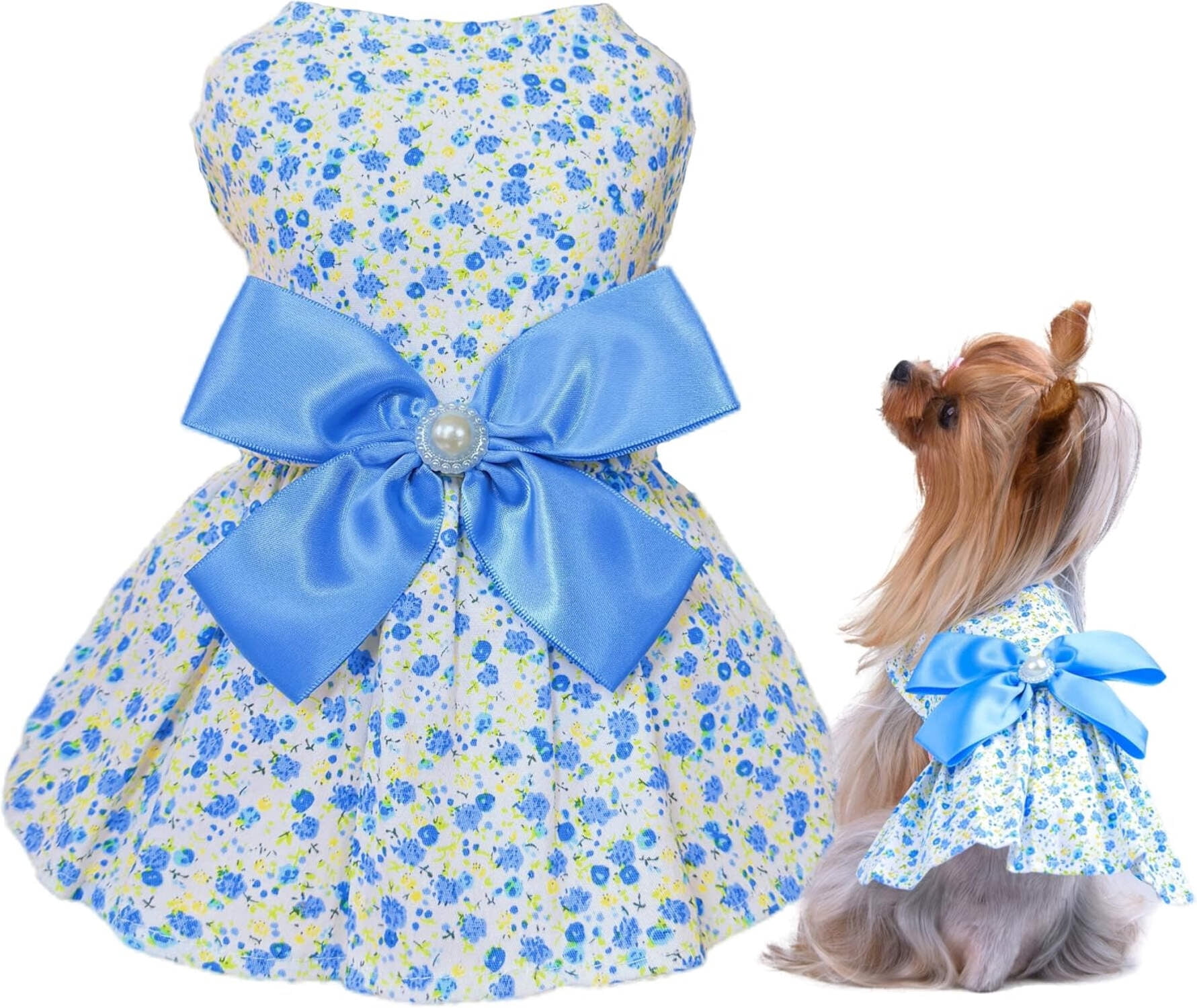 Floral Print Dog Dress with Satin Bow and Pearl for Small Dogs Girl ...