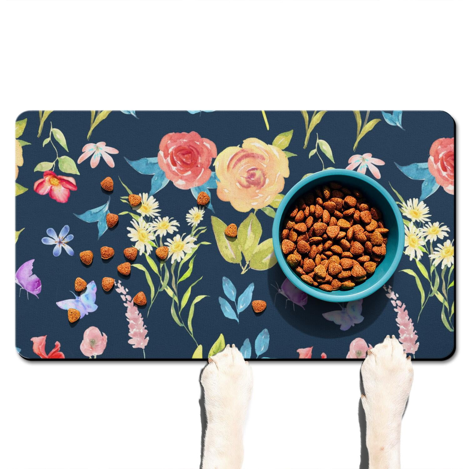 Floral Print Dog Food Mat with Watercolor Flower Pattern, Durable ...