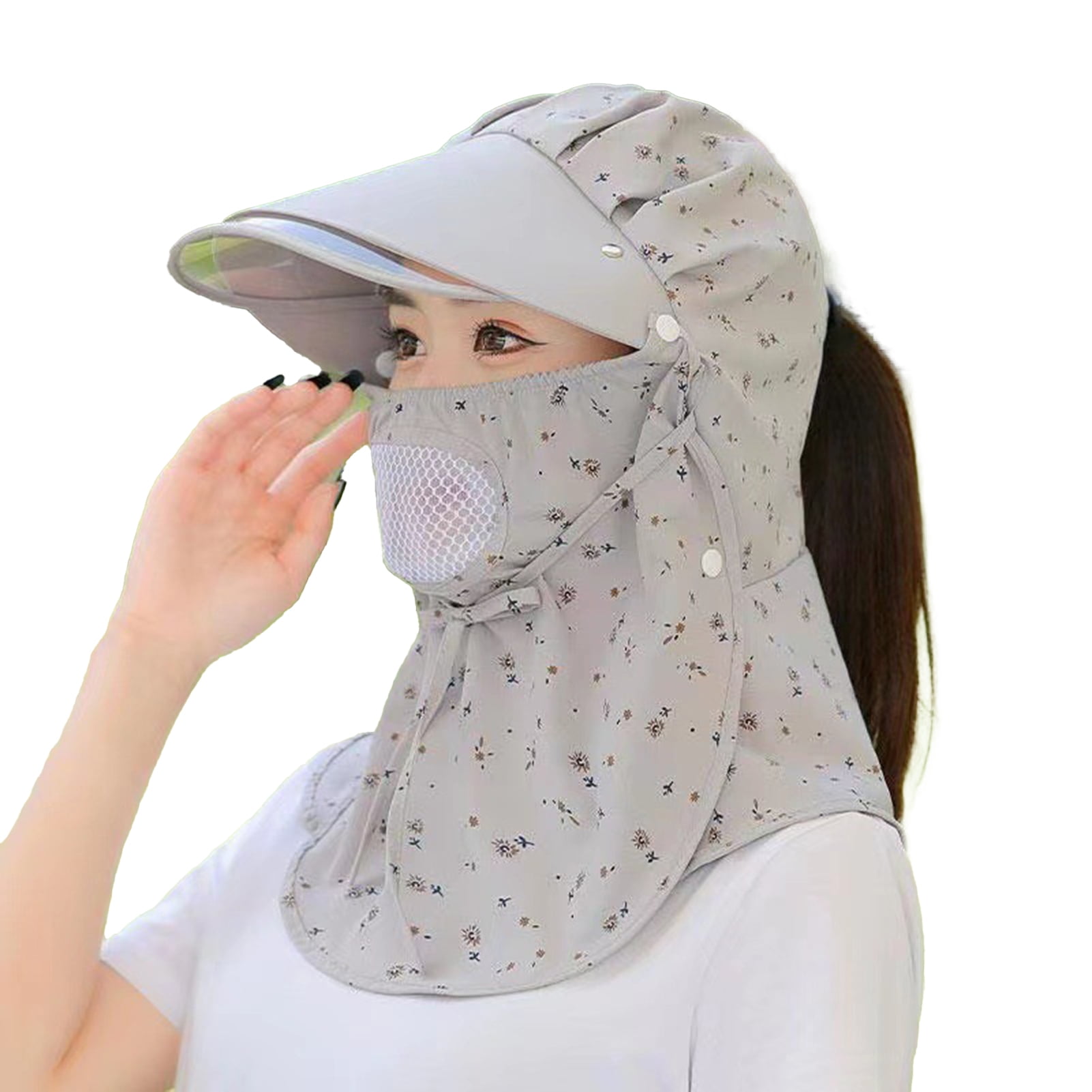 Floral Print Extended Brim Fisherman Hat Detachable Face Guard ...