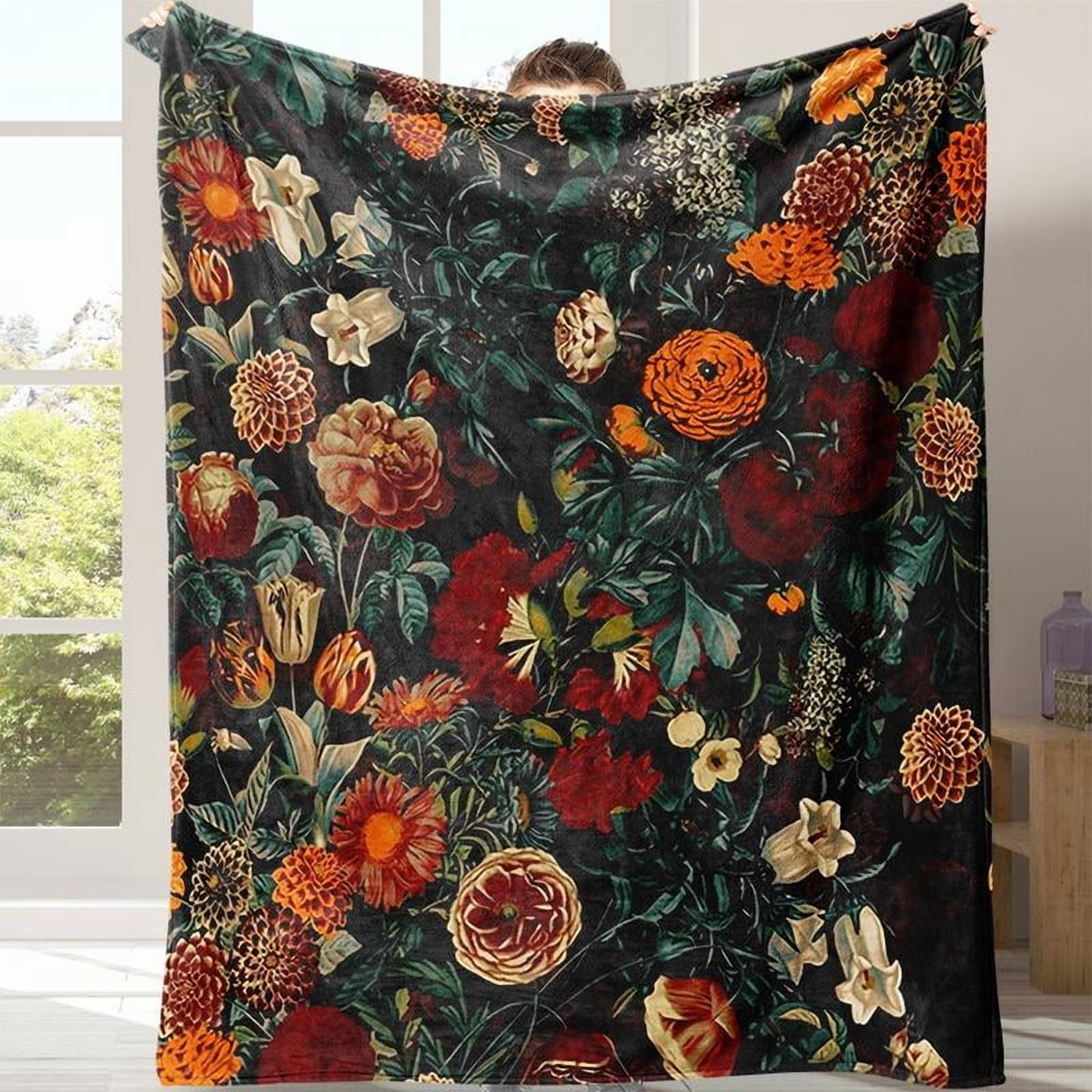 Floral Print Flannel Blanket, Soft Warm Throw for Sofa Bed Travel ...