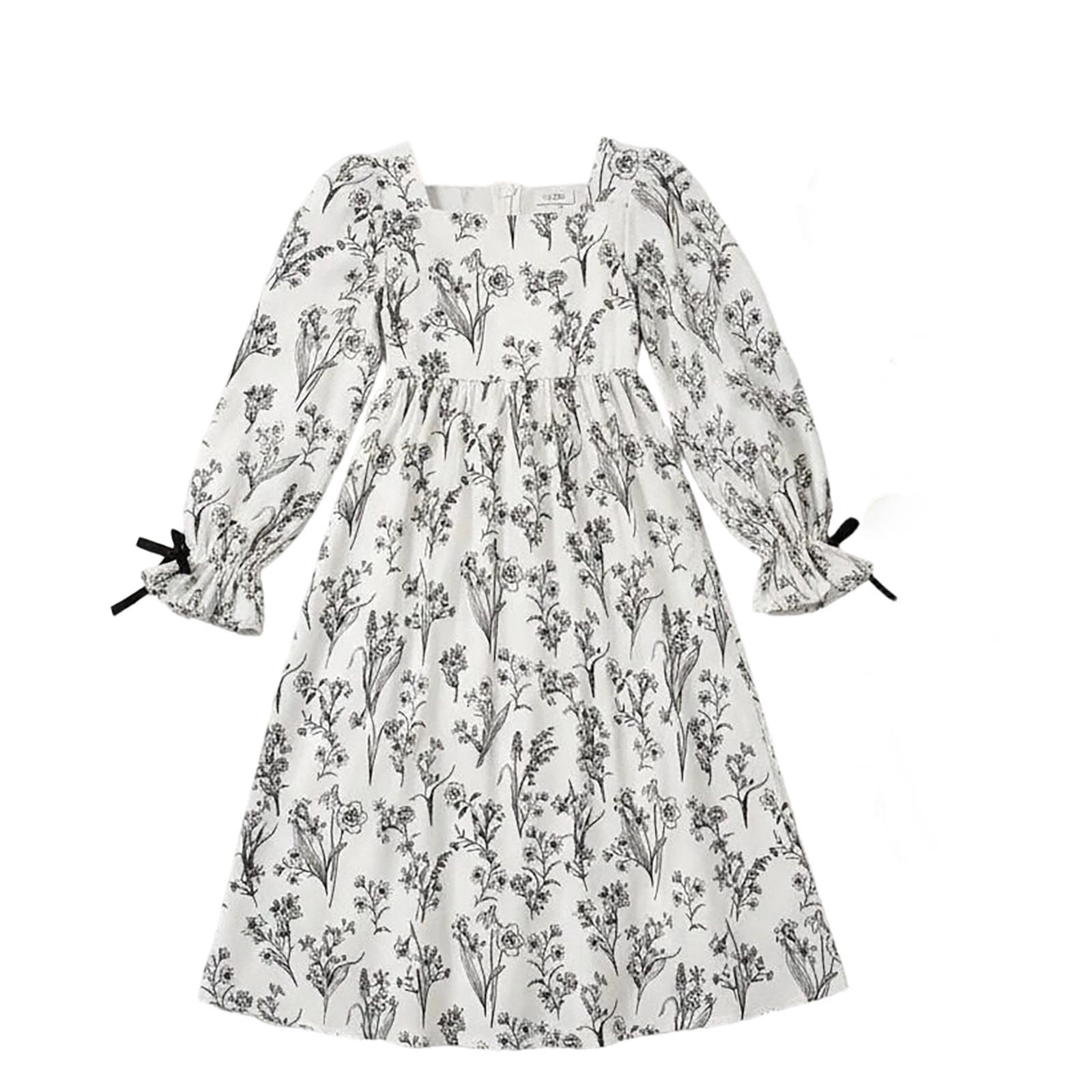 Floral Print Girls Dress with Square Neckline Puff Sleeves Waist and ...
