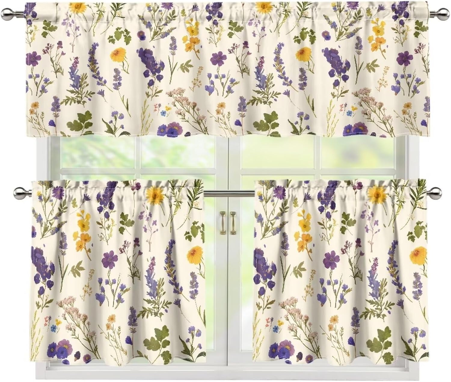 Floral Print Kitchen Curtains 3 Piece Set Tier Curtains and Valance Set ...