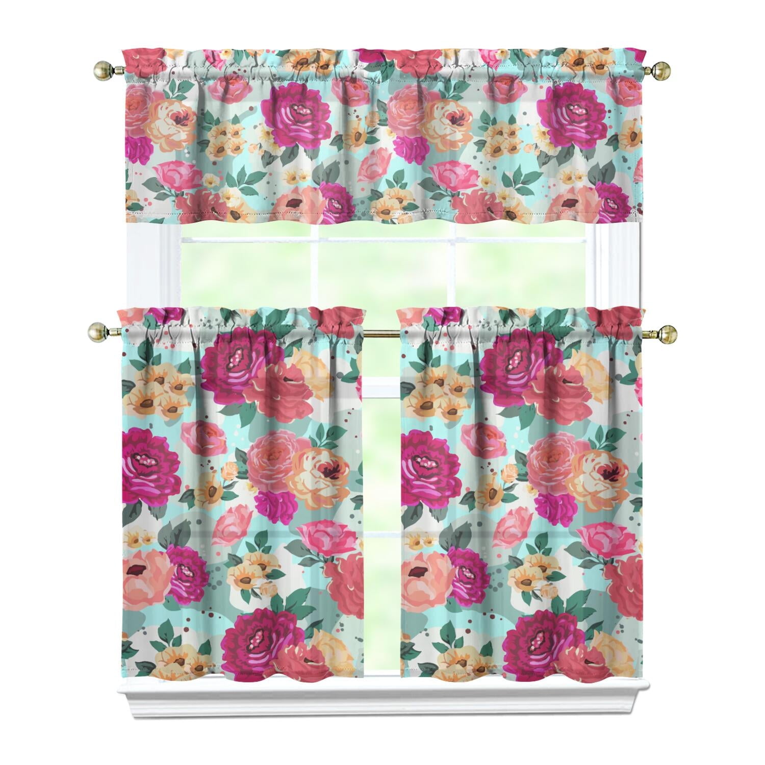 Floral Print Kitchen Curtains Set of 3 with Valance - Vintage Botanical ...