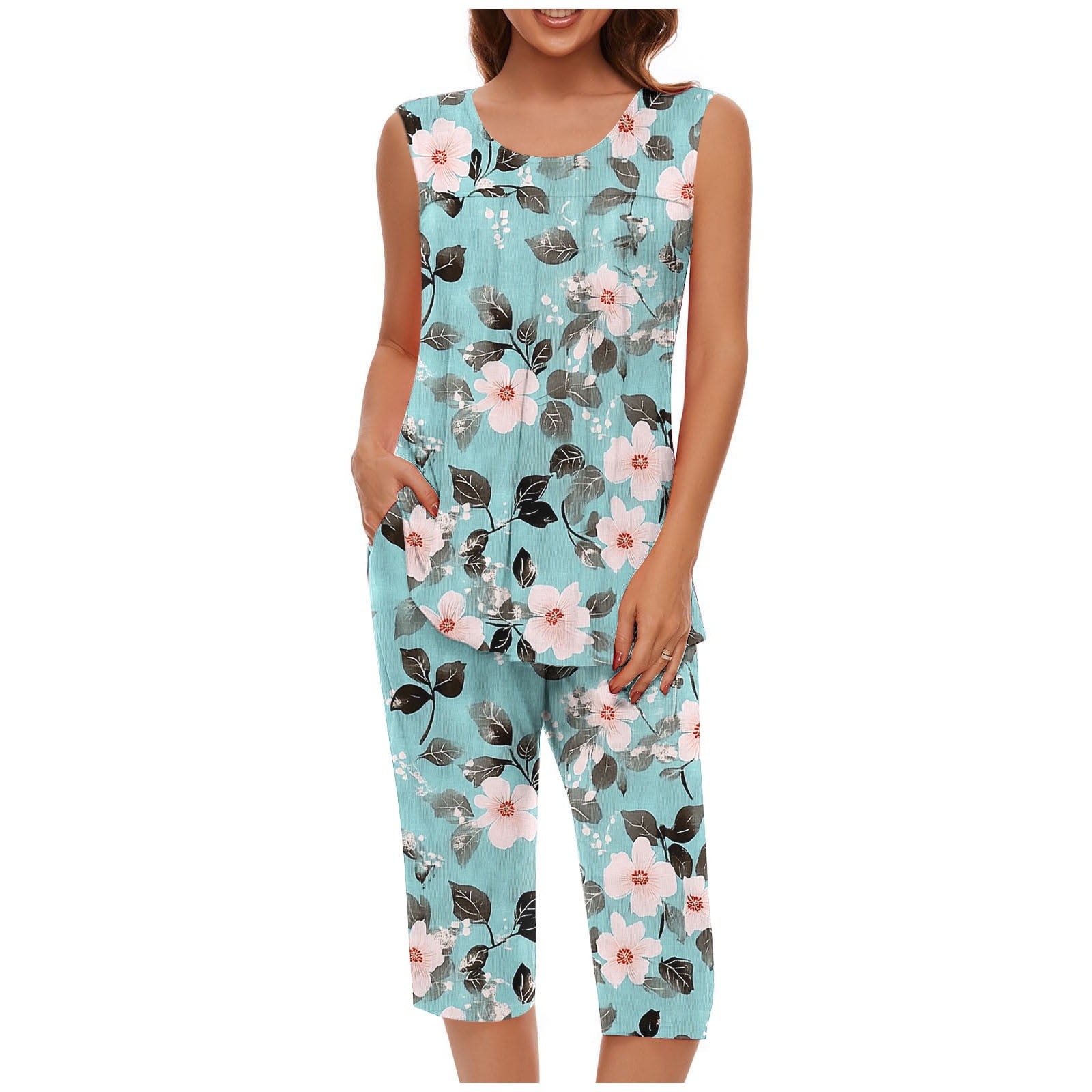 Floral Print Lounge Sets for Women Round Neck Loungewear Set Loose ...