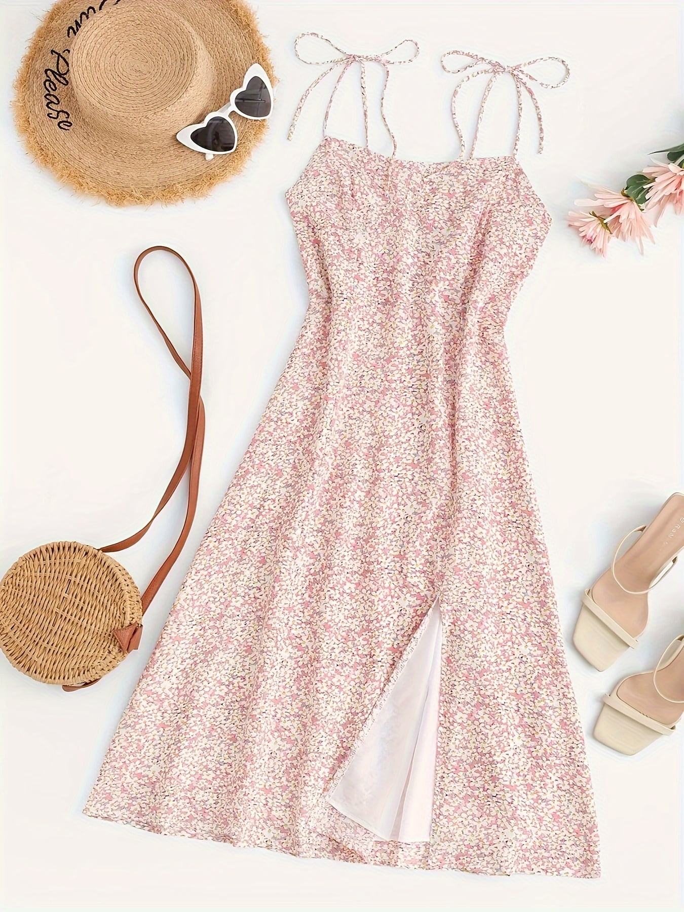 Floral Print Shirred Spaghetti Strap Dress, Elegant Backless Split Midi ...