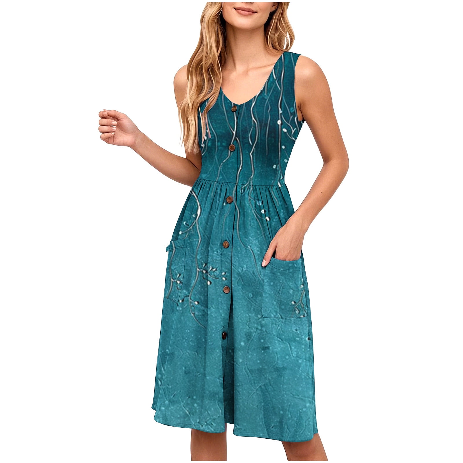 Floral Print Summer Dress for Womens，U Neck Short Sleeve Sundress ...
