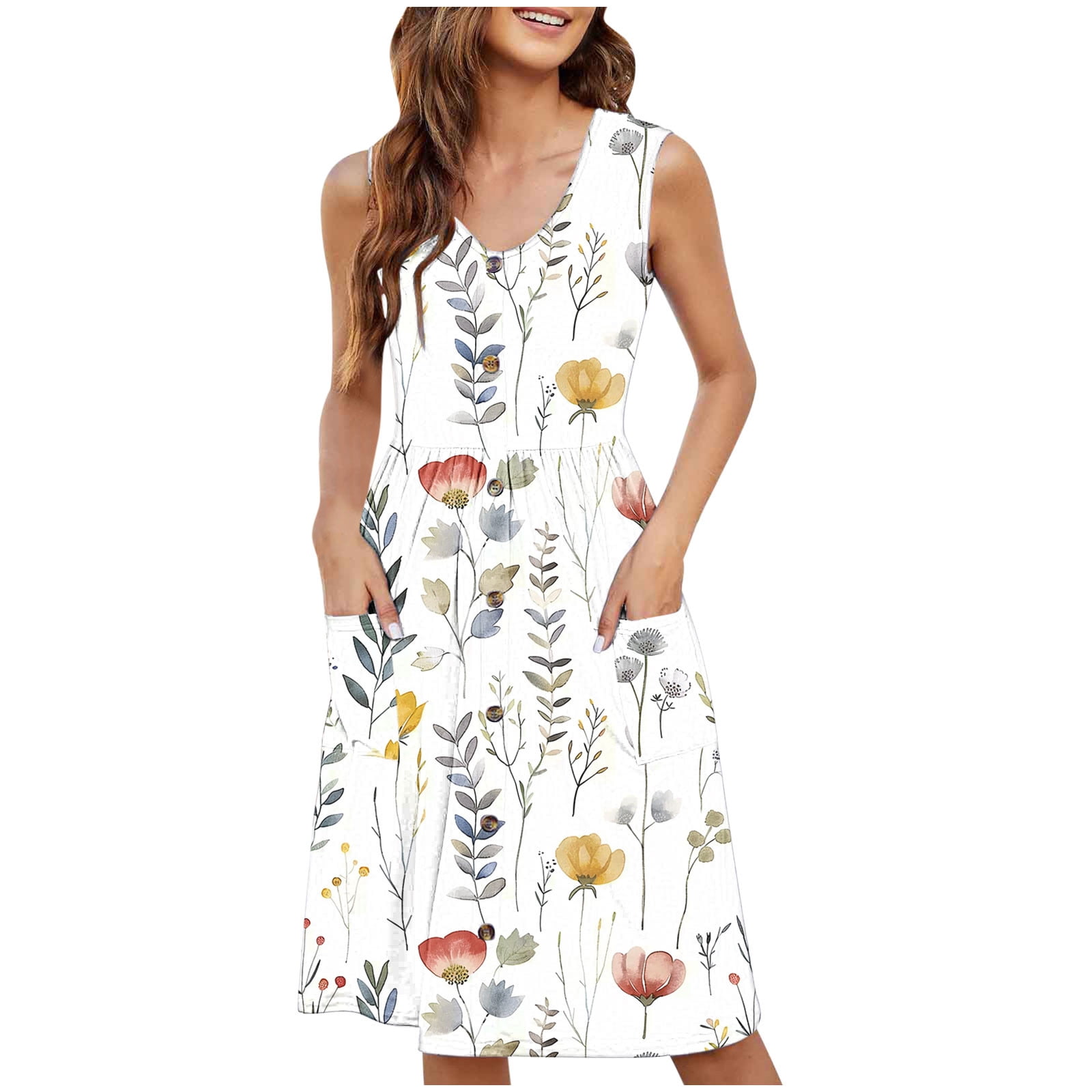 Floral Print Summer Dress for Womens，U Neck Short Sleeve Sundress ...