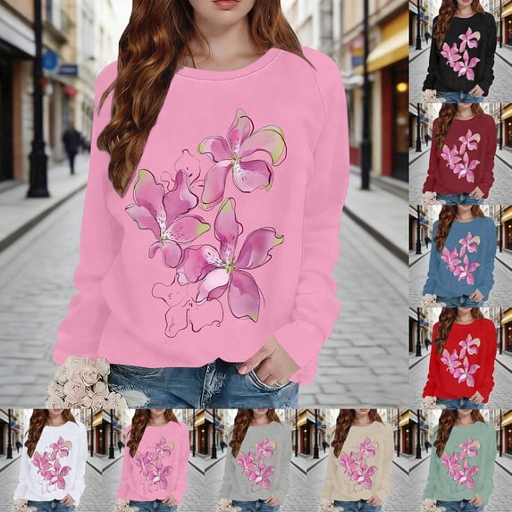Floral Print Sweatshirt for Women Long Sleeve Crewneck Regular Fit Fall ...