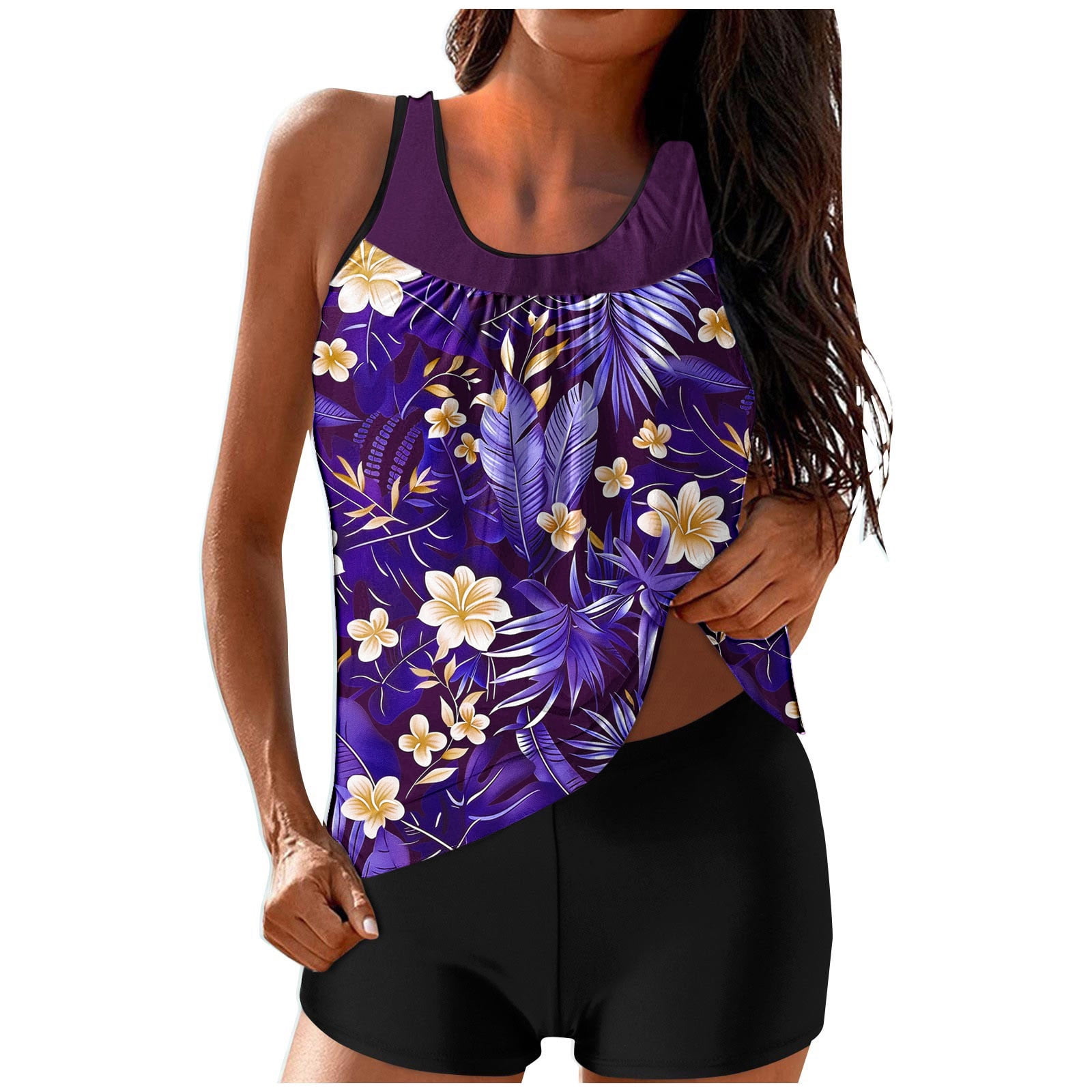 Floral Print Tankini Swimsuits for Women Modest Tummy Coverage Bathing ...