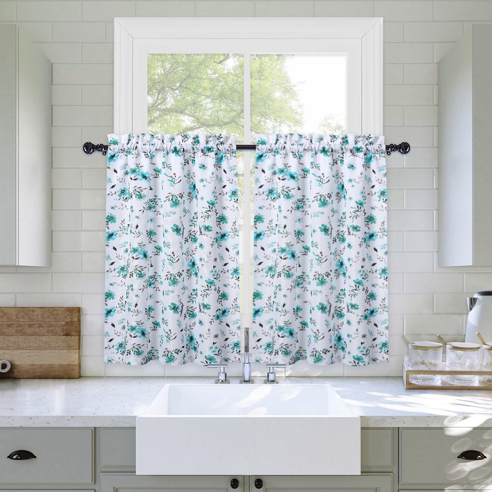 Floral Print Tier Curtain, Rod Pocket Flowers Leaf Printed Short ...