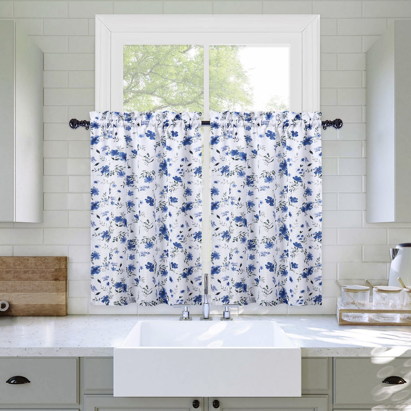 Floral Print Tier Curtain, Rod Pocket Flowers Leaf Printed Short ...