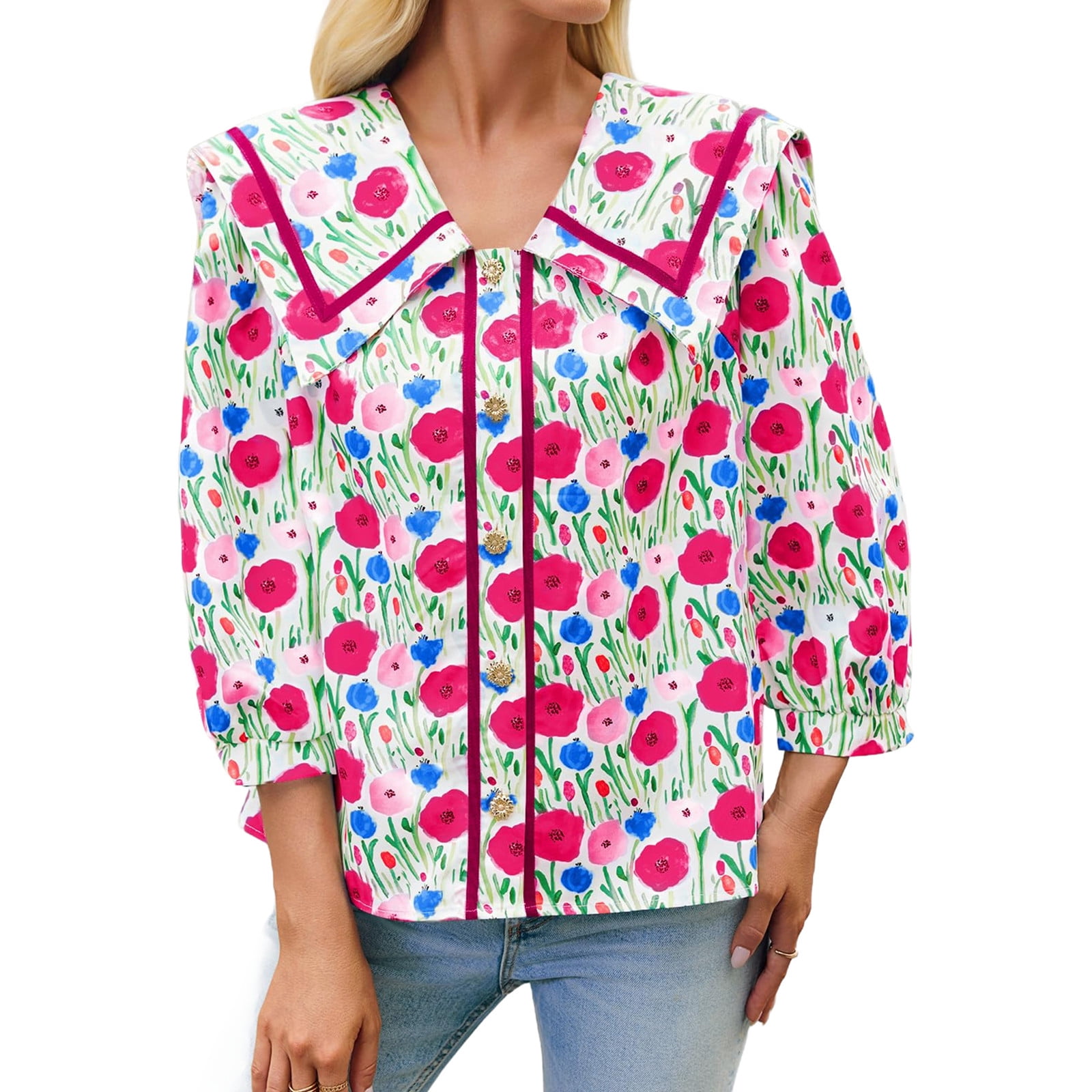 Floral Print Women 3/4 Sleeve Casual Turn-down Collar Button Down ...
