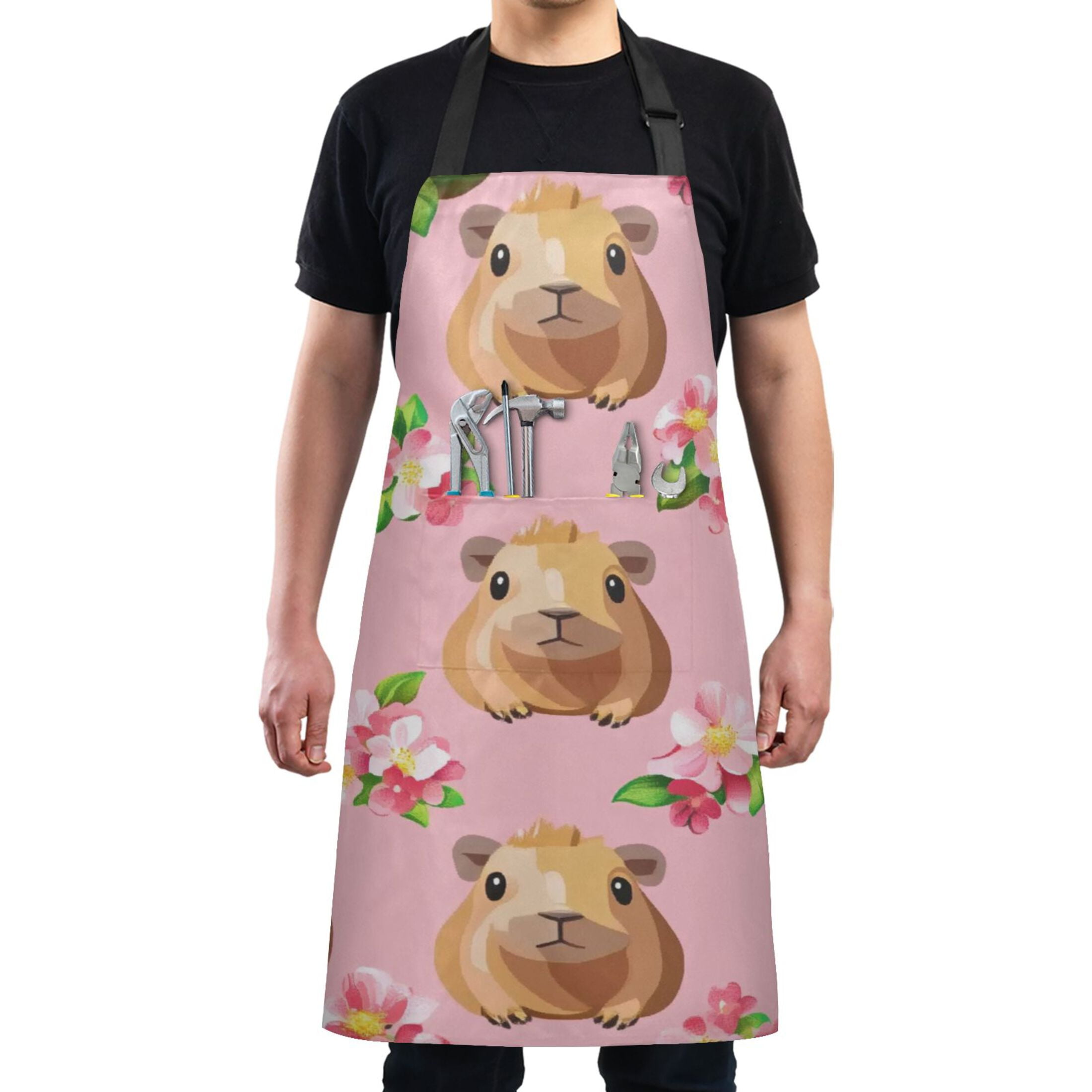 Floral Print with Cute Groundhog Chef Kitchen Apron with Pockets for ...