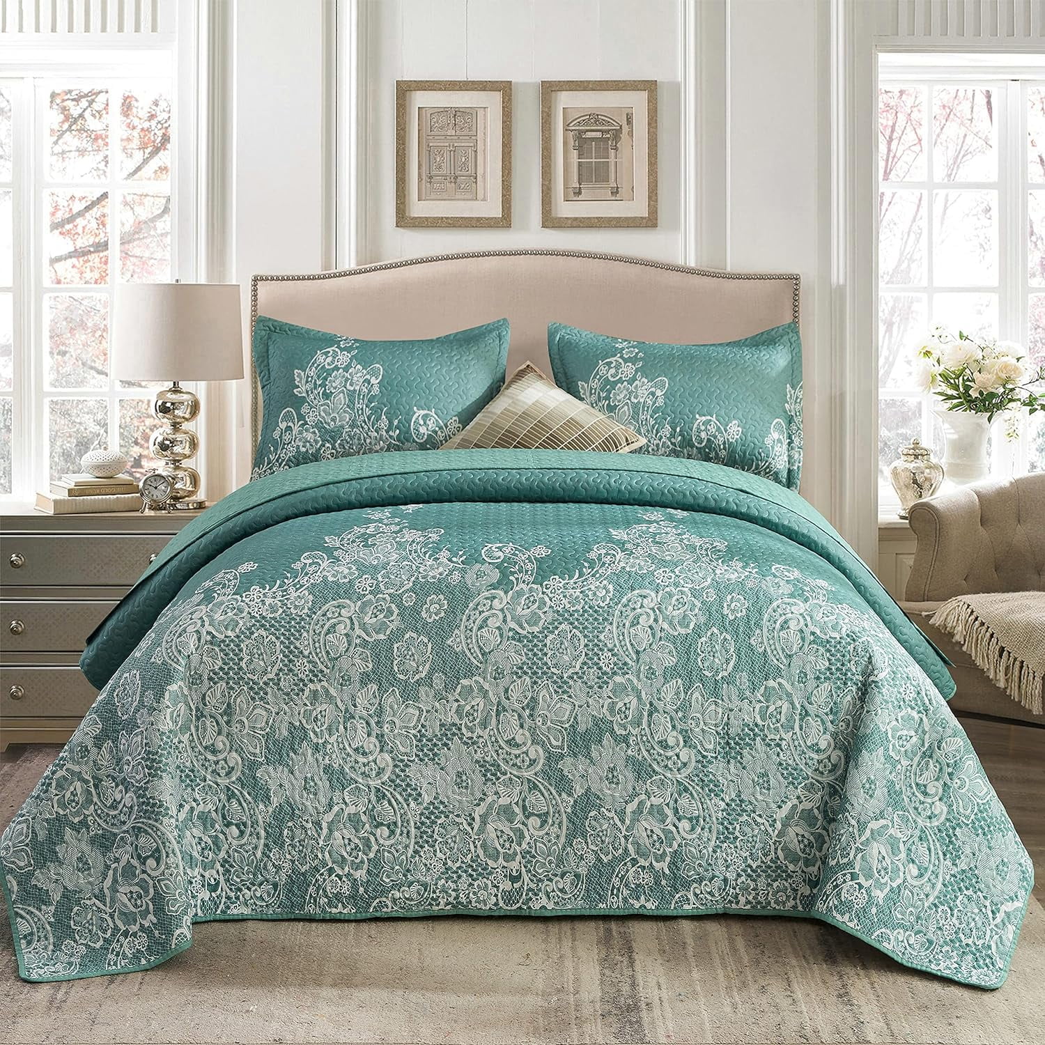 Floral Printed Quilt Set - Lightweight Soft Blue Floral Bedspread for ...