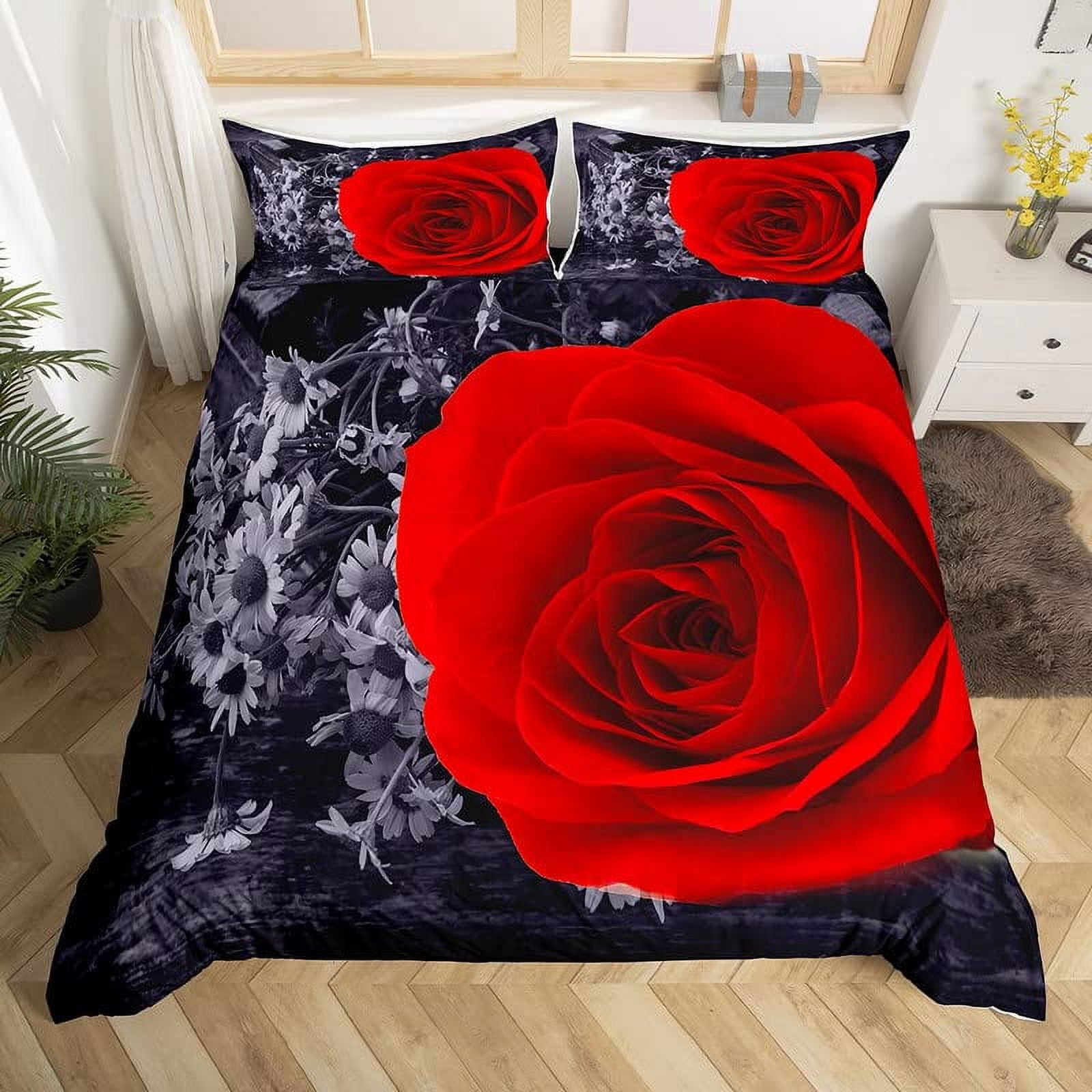 Floral Printed Red Rose Bedding Set 3pcs for Kid Comforter Cover Decor ...