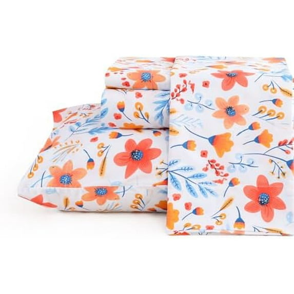Floral Printed Sheet Set Queen Size, 4 Piece Flower Pattern Microfiber ...