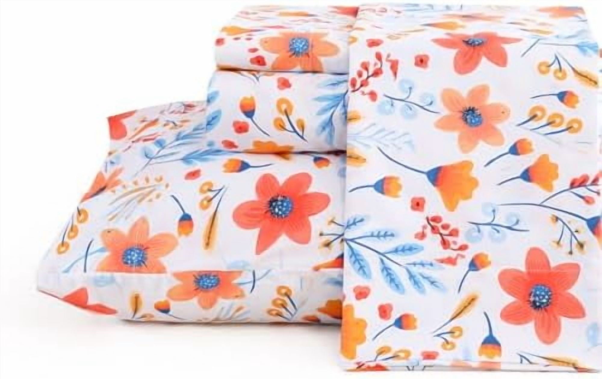 Floral Printed Sheet Set Queen Size, 4 Piece Flower Pattern Microfiber ...