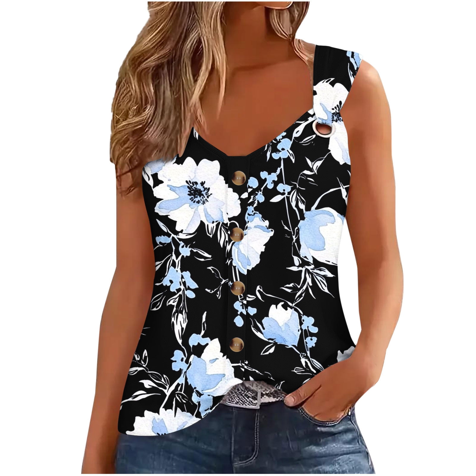 Floral Printed Tank Tops Womens 5 Button up Shirt Sleeveless O-ring ...